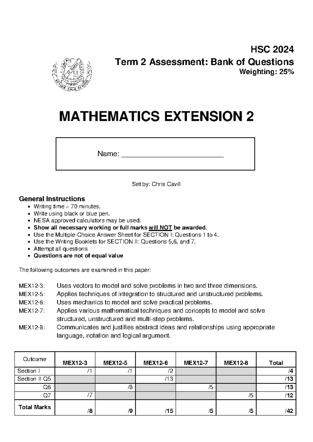 2024 Ext 2 Term 2 BOQ Test and Solutions - ####### HSC 2024 ...