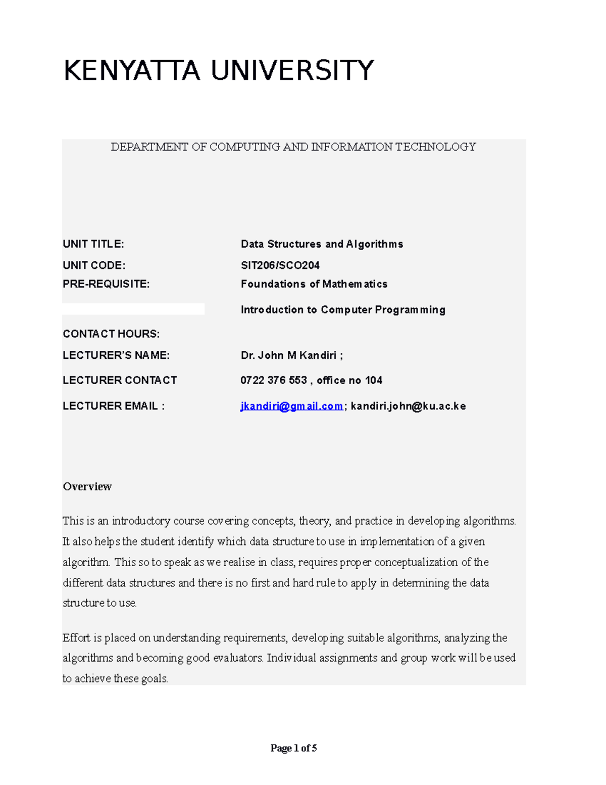 SIT206/SCO Course Outline: Data Structures & Algorithms Overview - Studocu