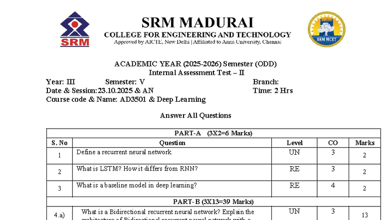 AD3501 Deep Learning Internal Assessment Test II Model Questions - Studocu
