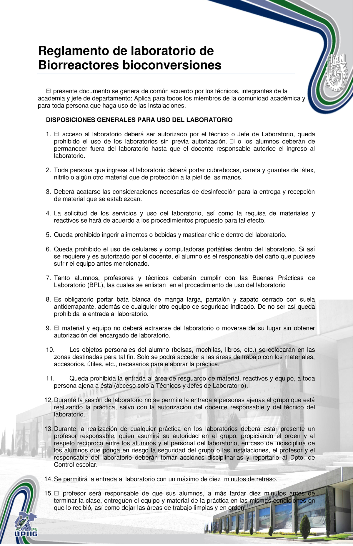 Reglamento Lab-Biorreactores Bioconversiones - Reglamento de laboratorio de Biorreactores - Studocu