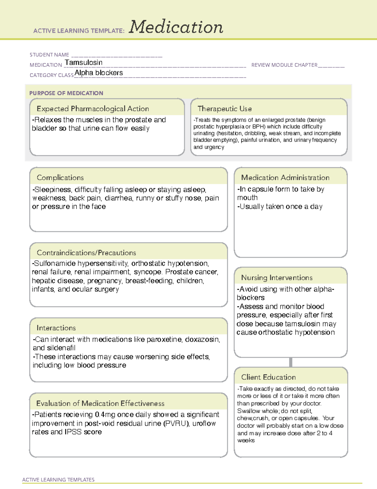 Active Learning Template: Tamsulosin Medication Overview - Studocu