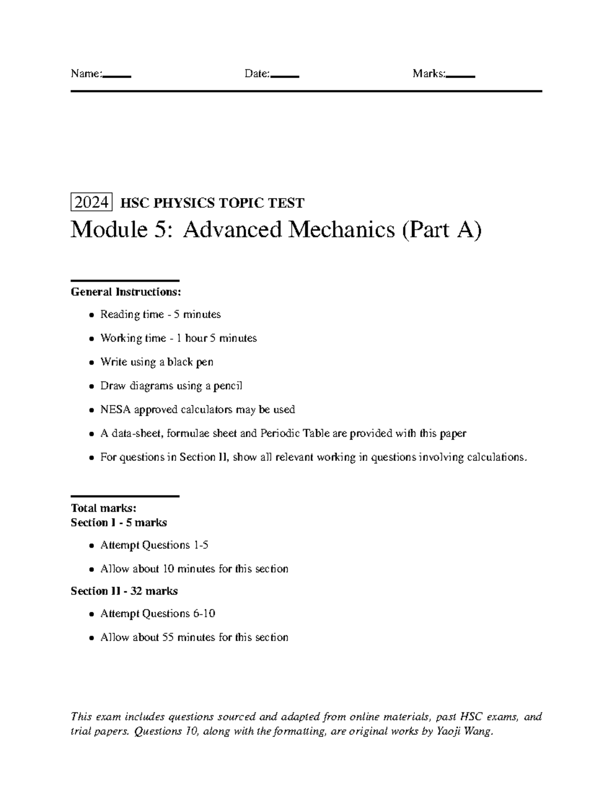 2024 HSC PHYSICS TOPIC TEST Module 5: Advanced Mechanics Exam - Studocu