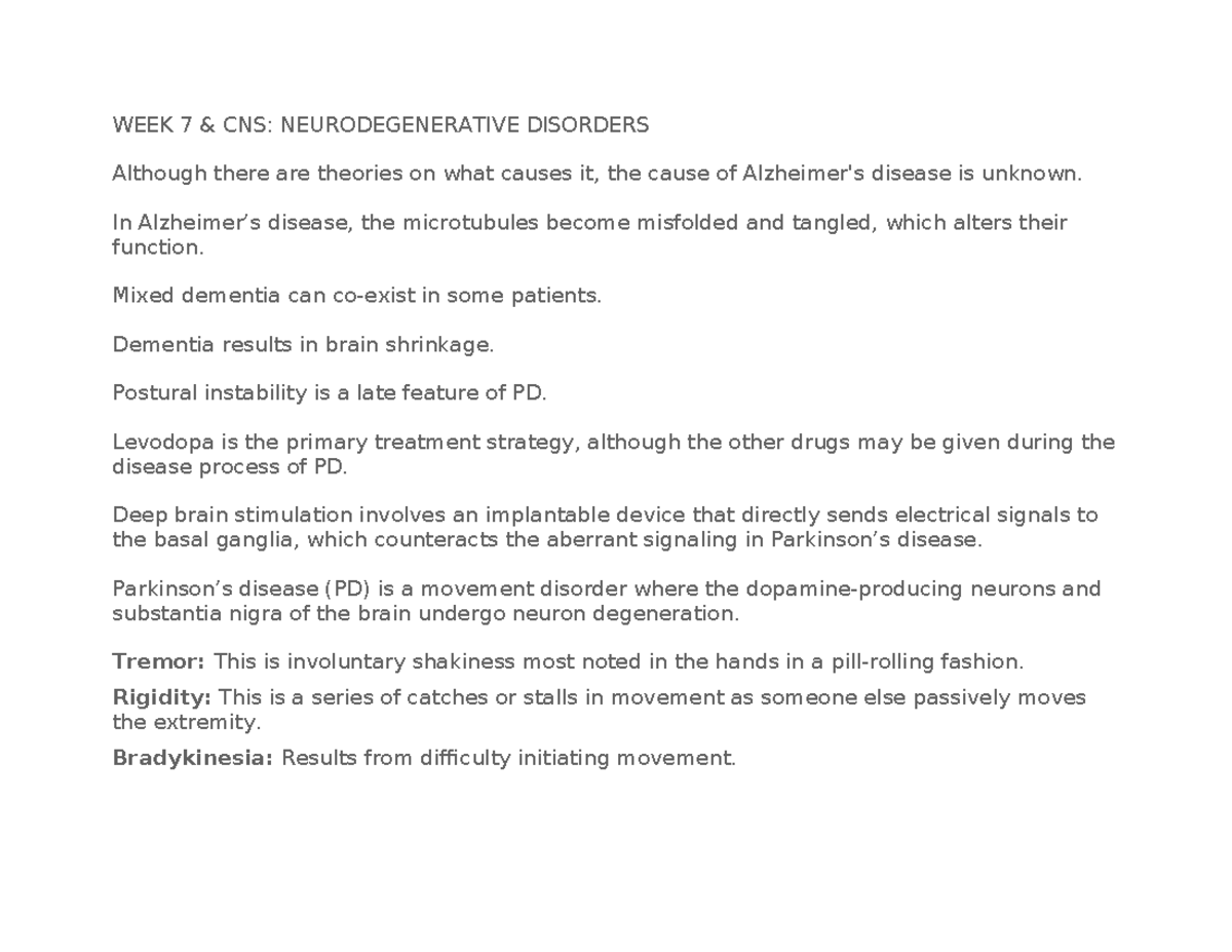 WEEK 7: Neurodegenerative Disorders - Study Notes for Exam - Studocu