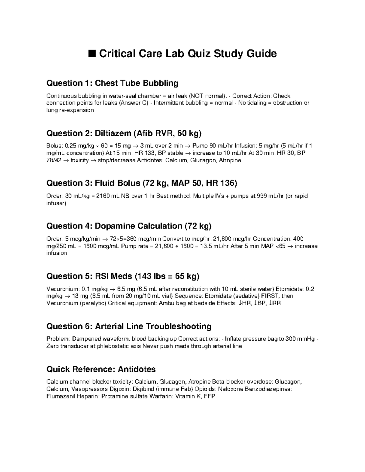Critical Care Lab Quiz Study Guide: Key Concepts & Meds - Studocu
