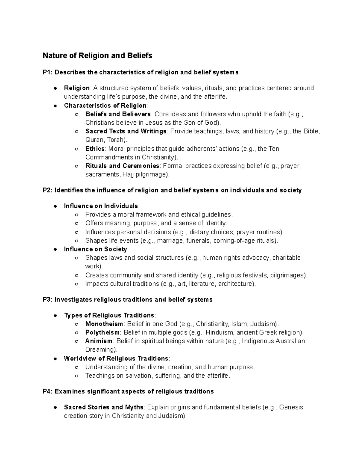 Assessment Notes - Unit 1 Nature of Religion and Beliefs - Nature of ...
