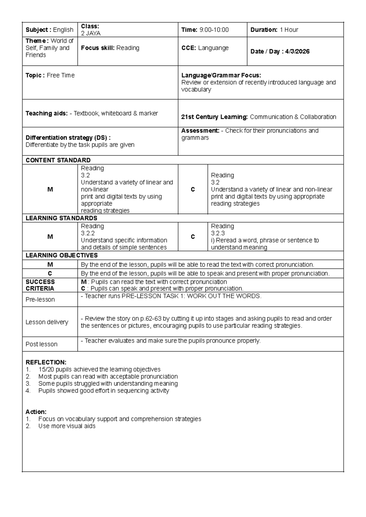 2J BI Lesson Plan: World of Self, Family & Friends - Reading Focus ...