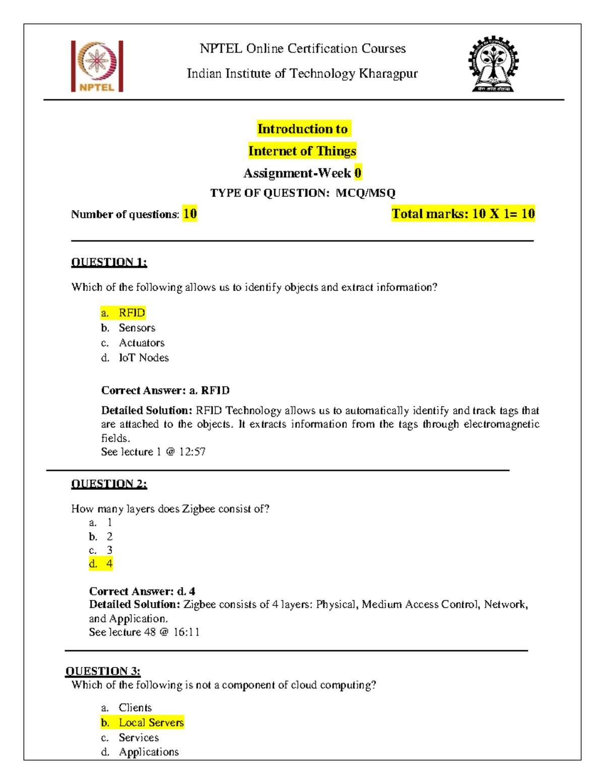 [ Nptel] Introduction to IoT All Week Assignments (Weeks 0-2) - Studocu
