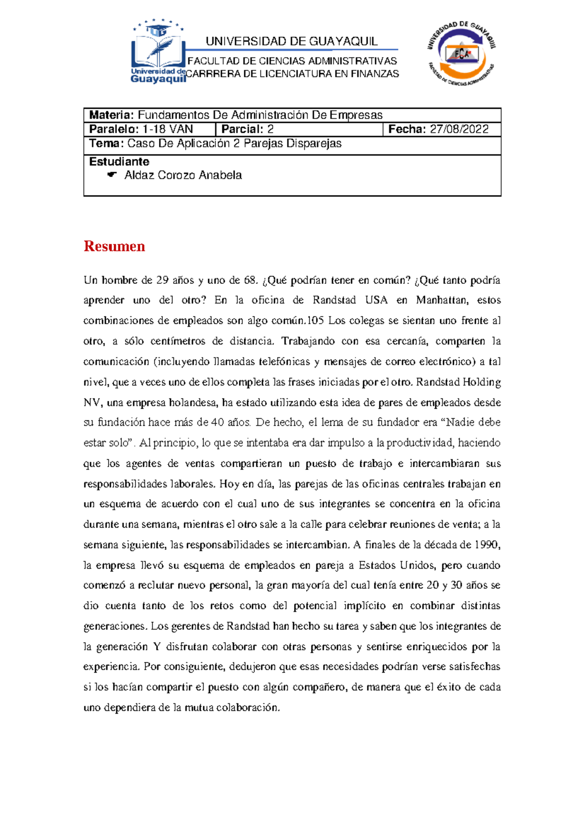 Tarea #15: Análisis de Caso - Parejas Disparejas en Finanzas - Studocu