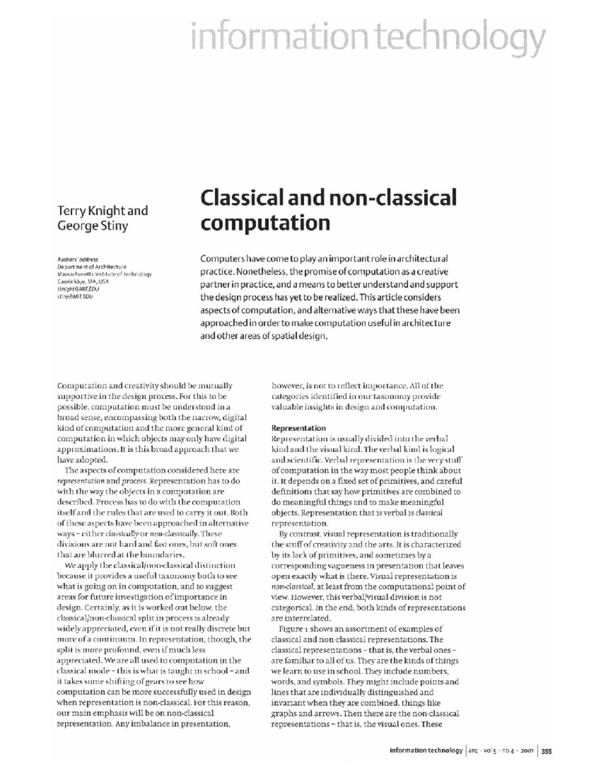 Classical vs Nonclassical Computation: Insights by Knight & Stiny (MIT ...
