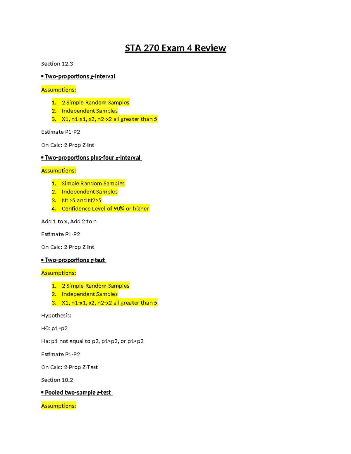 STA 270 Exam 4 Review - STA 270 Exam 4 Review Section 12. Two ...