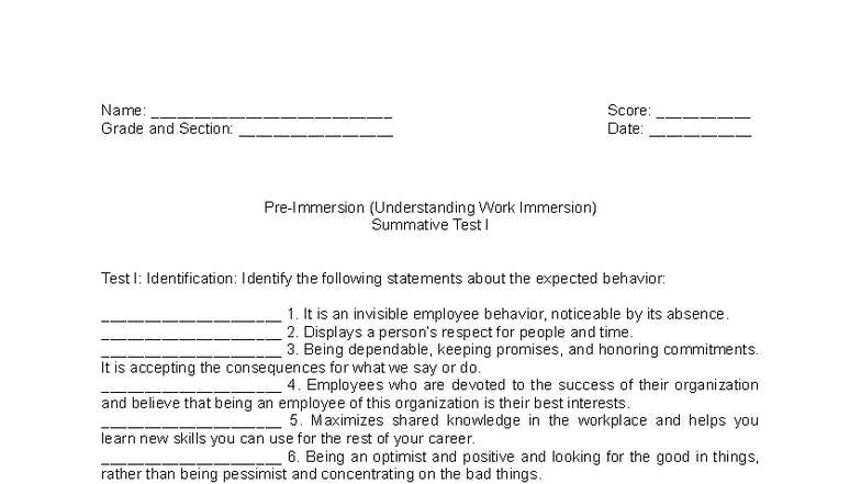 Understanding Work Immersion: Summative Test I & II - Studocu