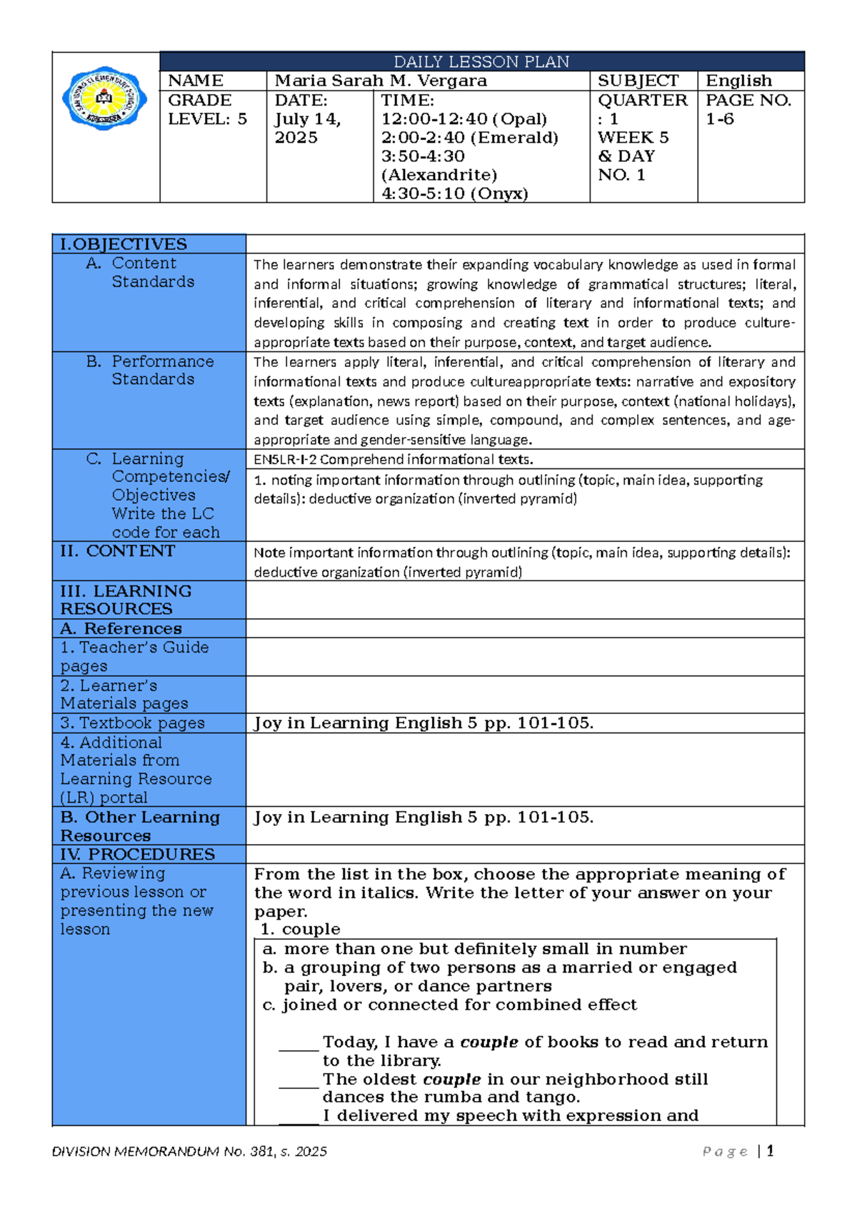 Daily Lesson Plan in English 5 (Quarter 1, Week 5) - Studocu