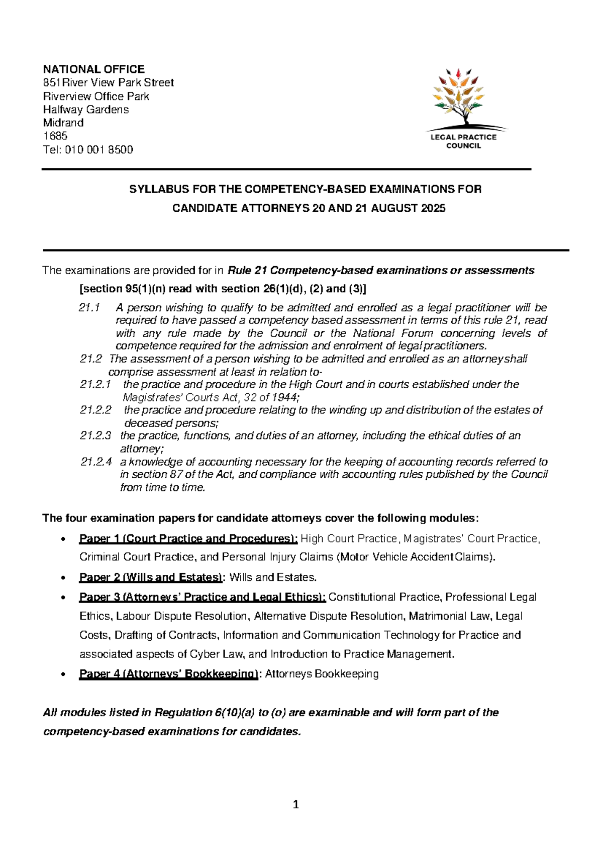 Syllabus for Candidate Attorneys Examinations - August 2025 (1750230811 ...