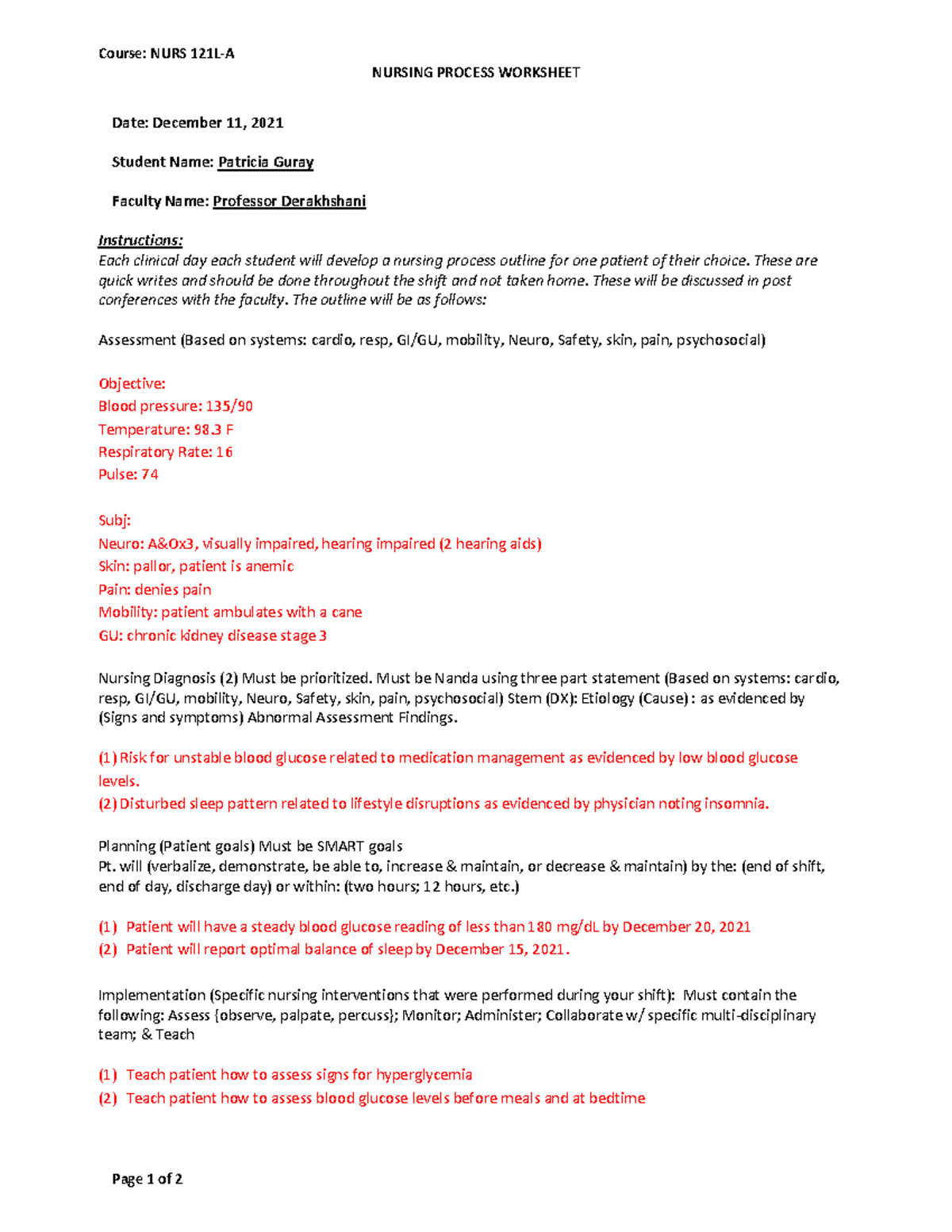 NURS 121L-A Nursing Process Worksheet for Patient Care Planning - Studocu