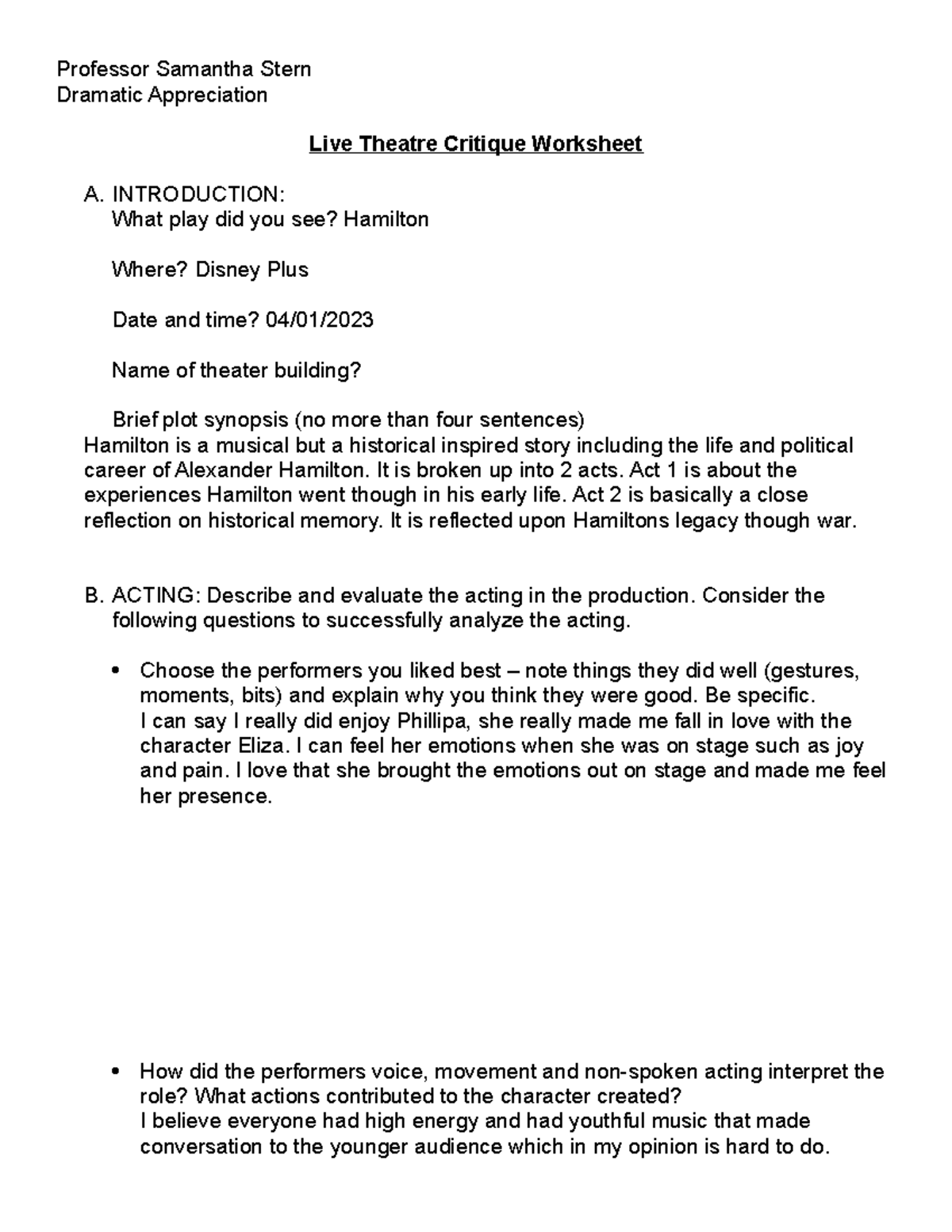 Theatre Critique for Hamilton: Dramatic Appreciation Worksheet - Studocu