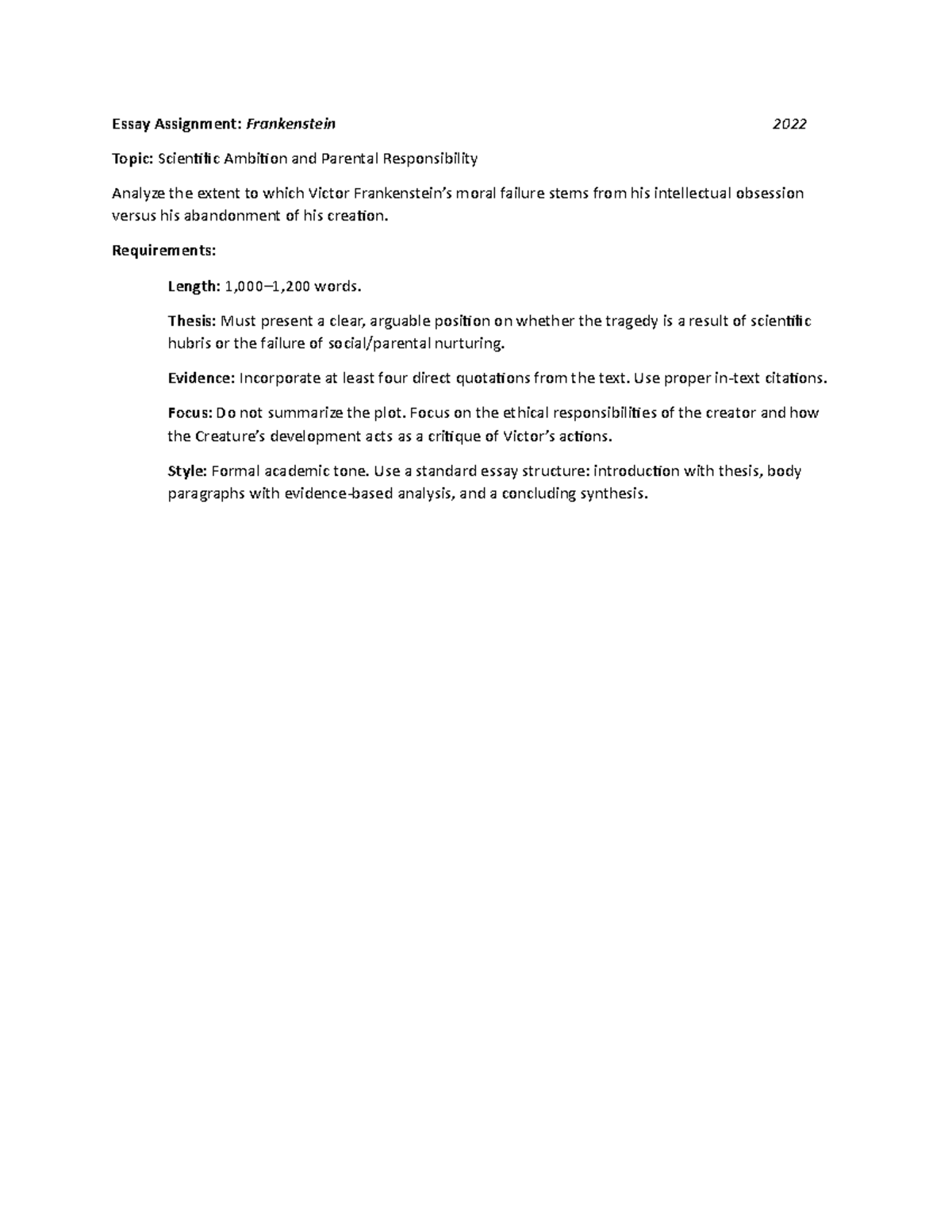 Essay Assignment: Frankenstein 2022 - Scientific Ambition vs ...