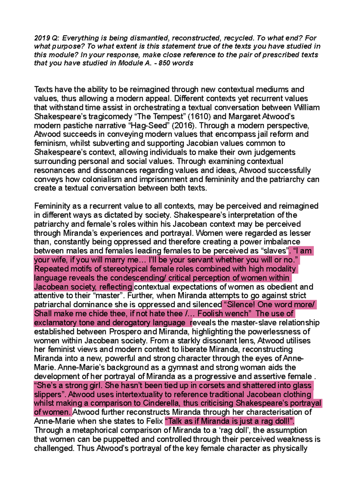 HSC ENG H ADV MOD A - Essay on Textual Reimagining: Hag-seed & Tempest ...