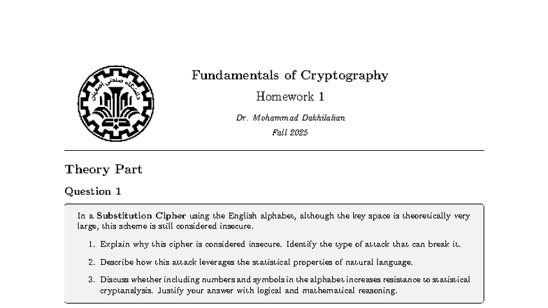 Fundamentals of Cryptography HW1 - Fall 2025 Analysis and Solutions ...