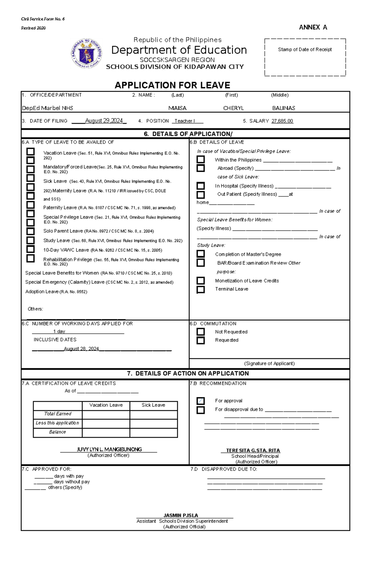 Leave-Form - leave for. - Civil Service Form No. 6 Revised 2020 ANNEX A ...