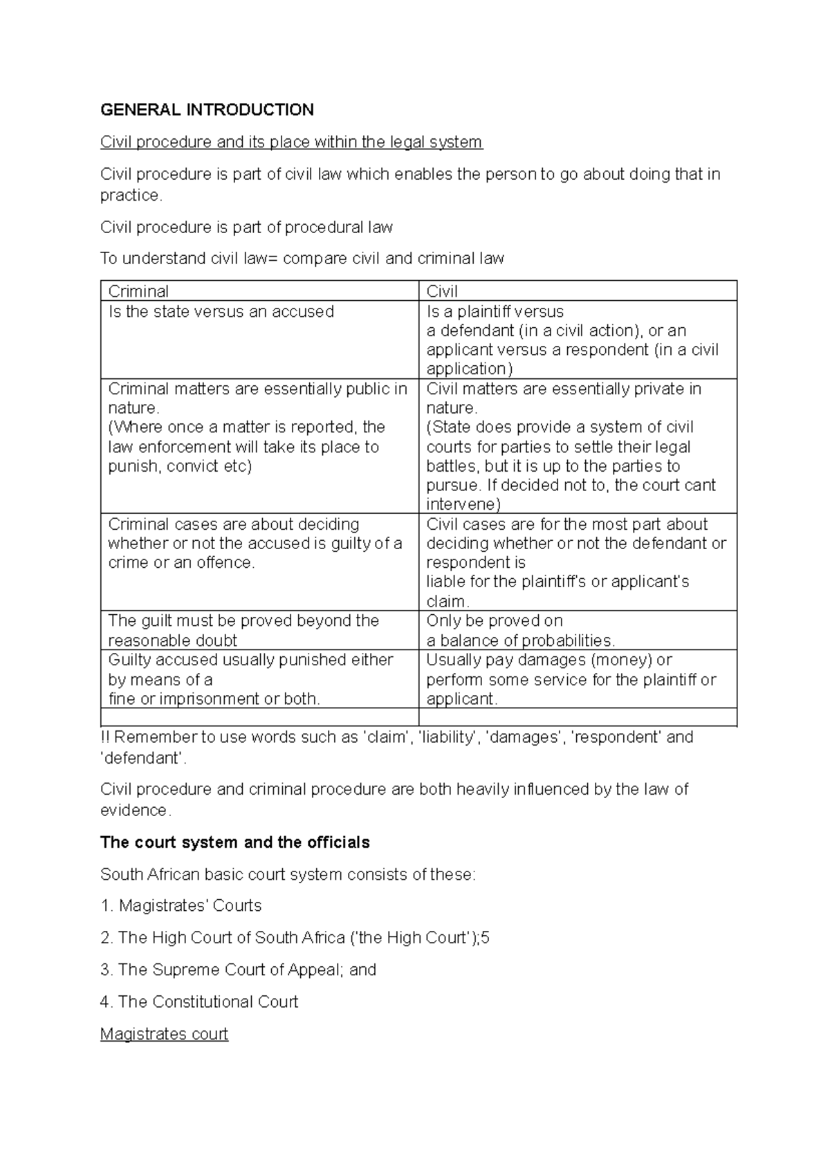 Civil Procedure Notes Test 1 - GENERAL INTRODUCTION Civil procedure and ...