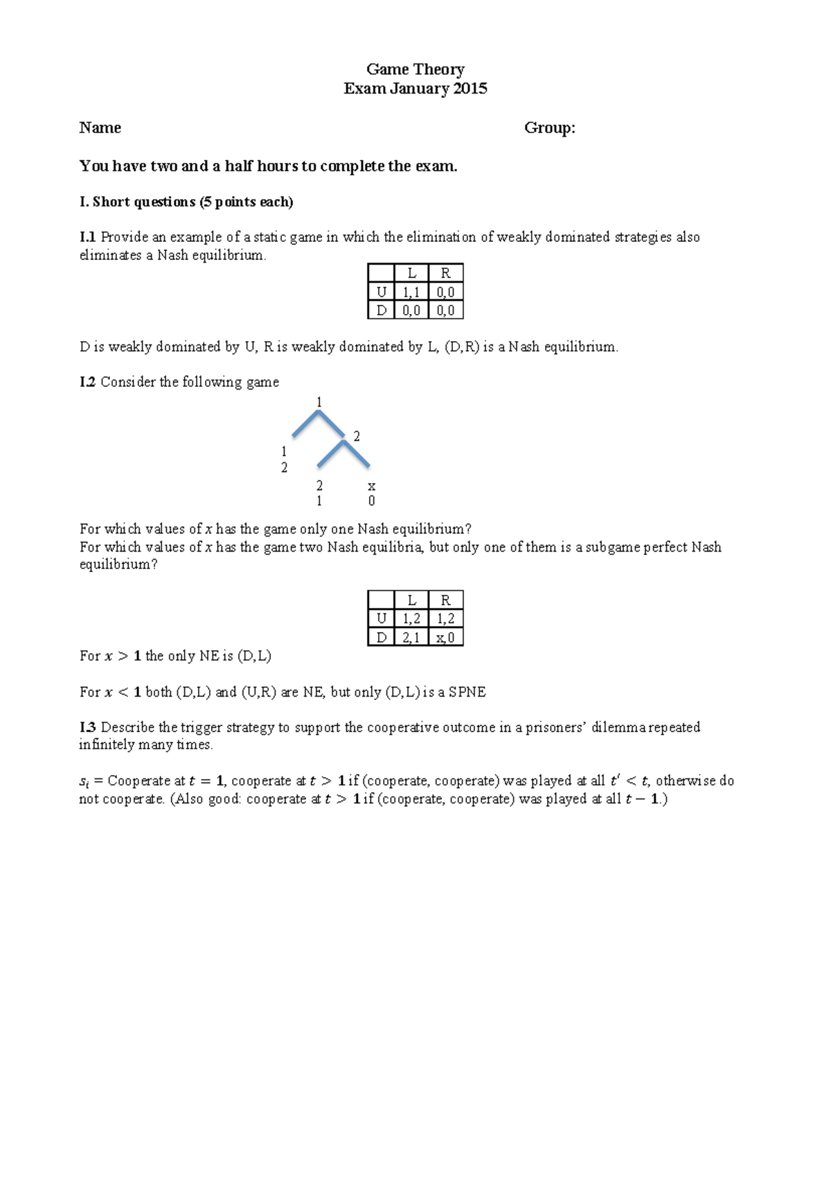 Game Theory Exam (Course Code: GT101) - January 2015 - Studocu