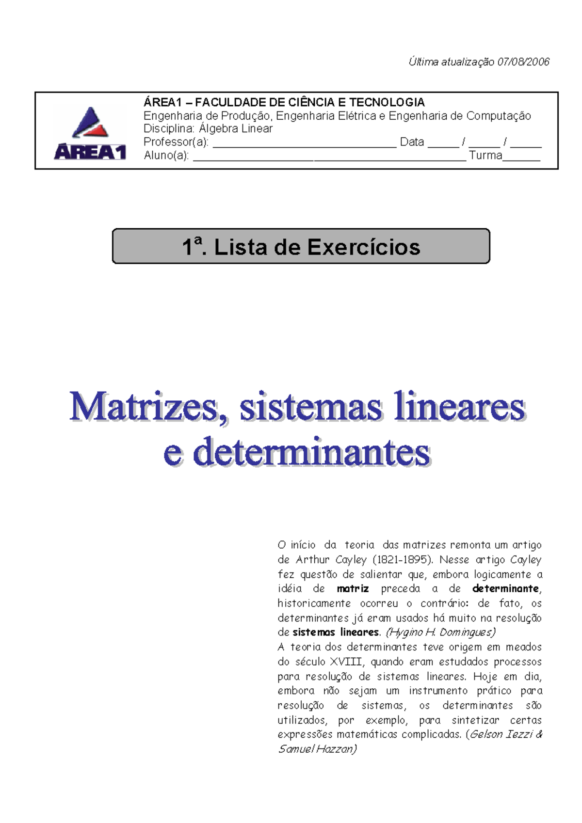 Lista 1 de Exercícios - Álgebra Linear (ENG101) - Studocu