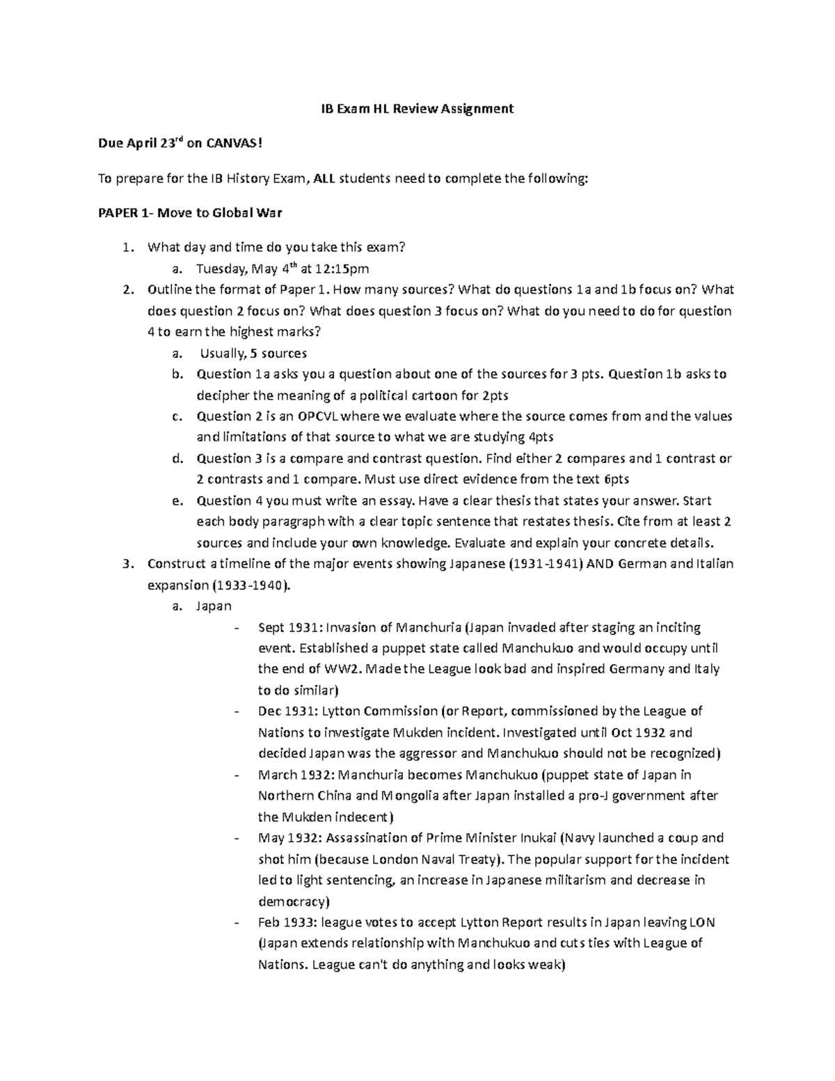 IB history sg - study guide - IB Exam HL Review Assignment Due April ...