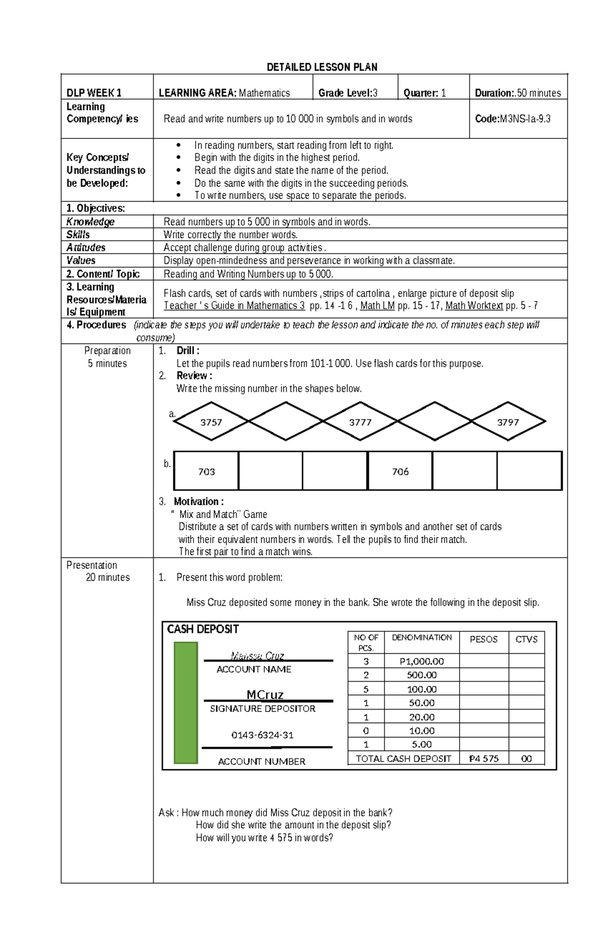 DLP Week 1: Detailed lesson plan for reading and writing numbers in ...