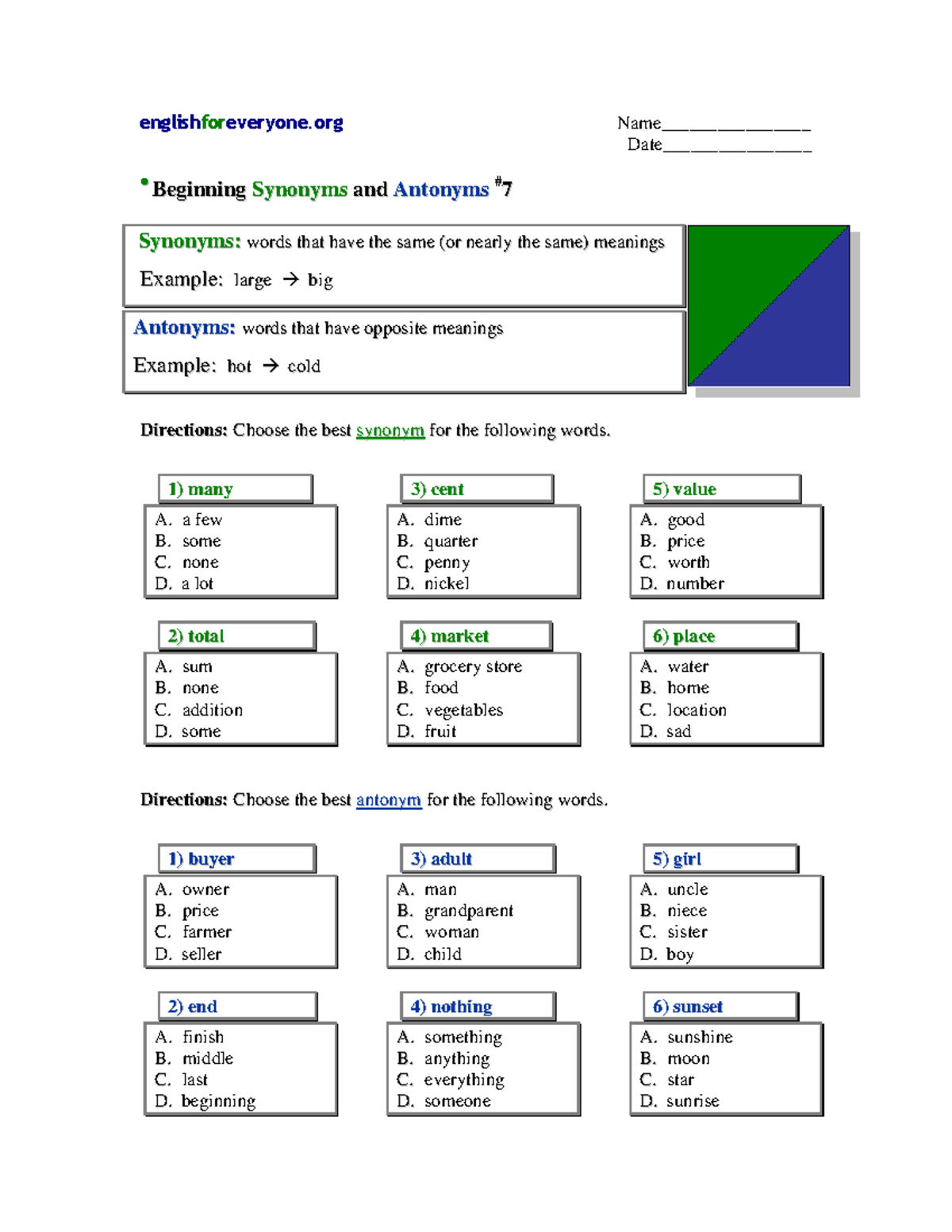 ENG101: Beginning Synonyms and Antonyms Practice Exercises - Studocu