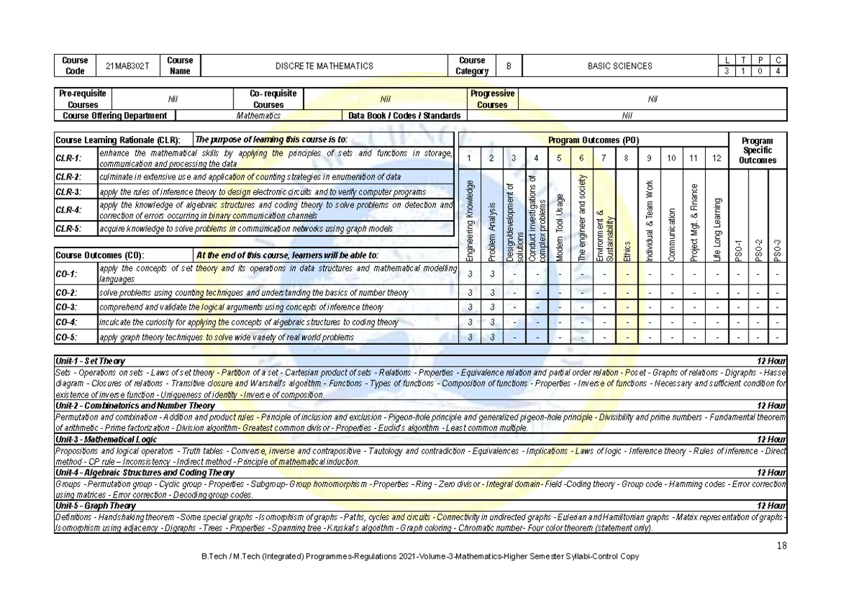 21MAB302T - Discrete Mathematics Course Outcomes and Program Outcomes - Studocu