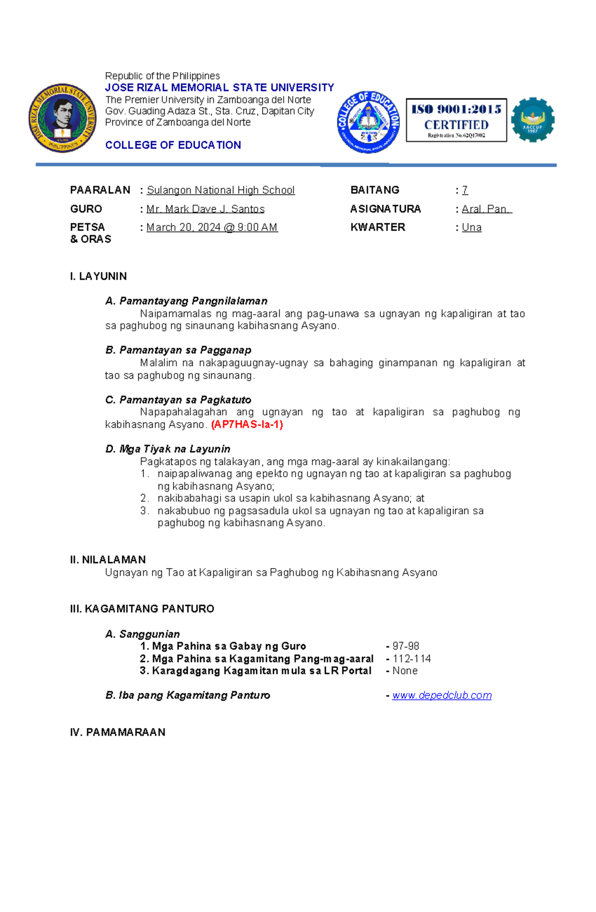 Lesson Plan for Soc. Stud 7: Ugnayan ng Tao at Kapaligiran - Studocu