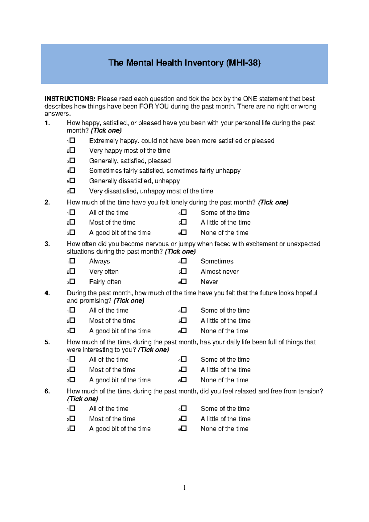 MHI-38 Mental Health Inventory Scoring Guidelines and Instructions ...