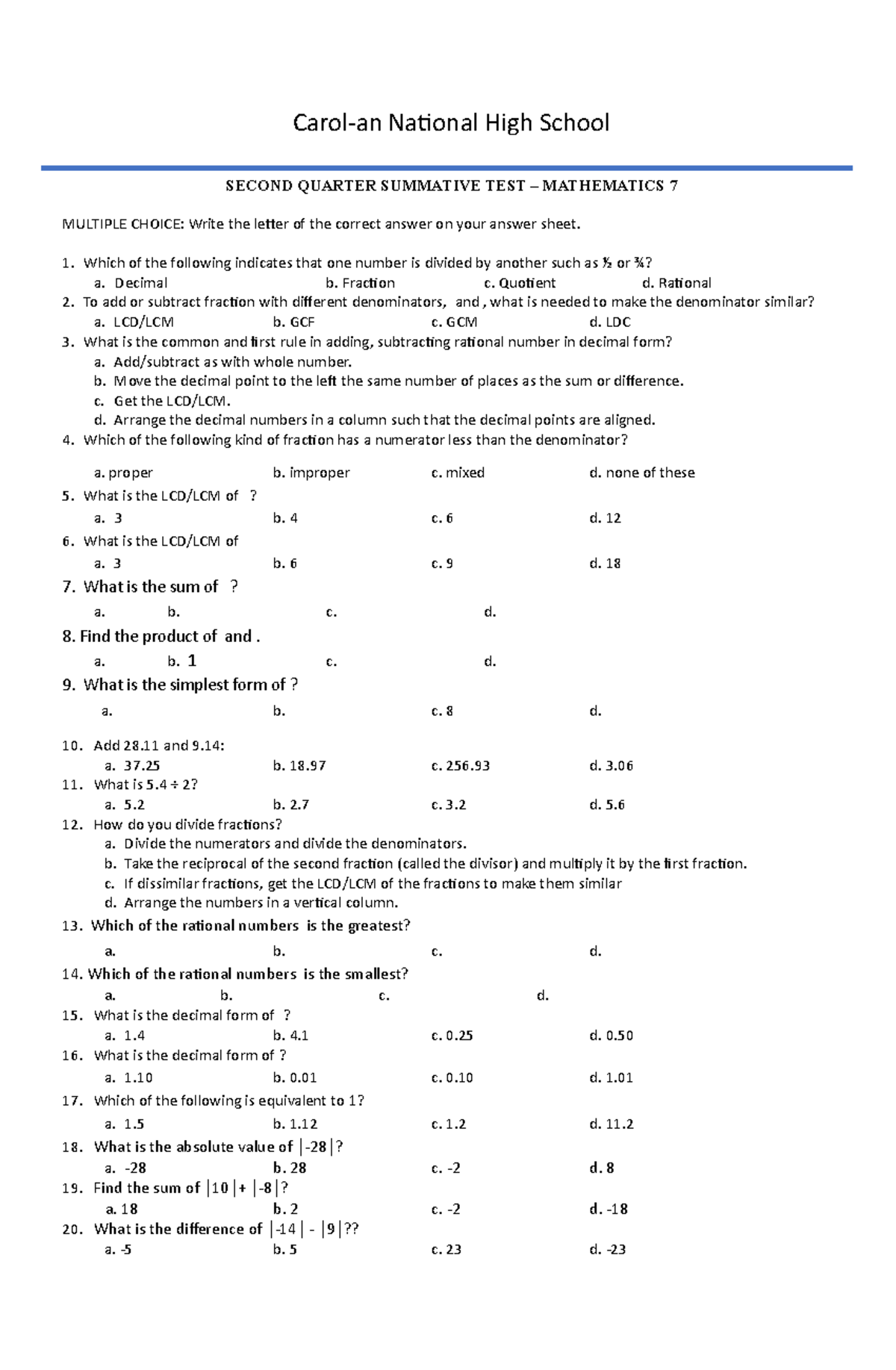 2ND Periodical TEST math 7 docx - Carol-an National High School SECOND ...