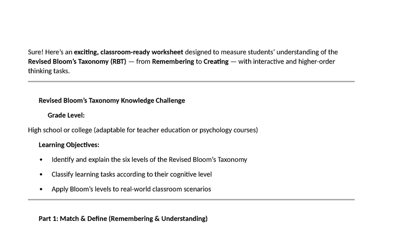 Revised Taxonomy Knowledge Challenge Worksheet (RBT) - Studocu