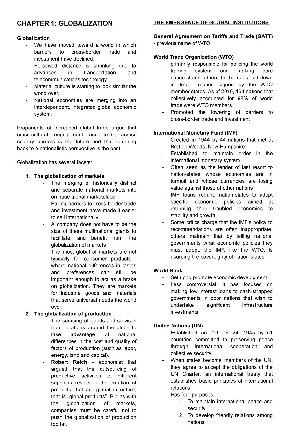 Globalization Notes: Chapter 1 - Emergence of Global Institutions - Studocu