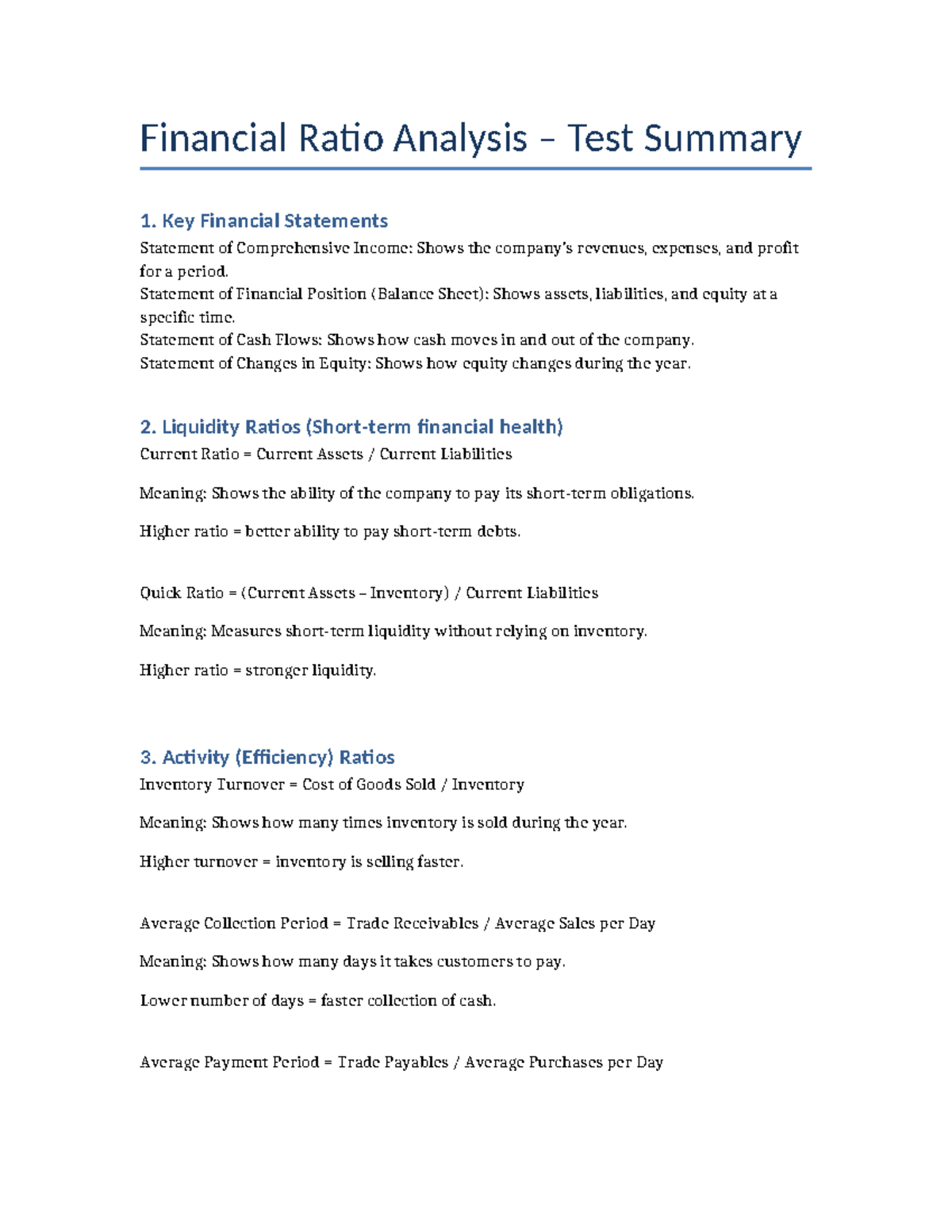 Financial Ratios Analysis Summary for Test 1 - Studocu