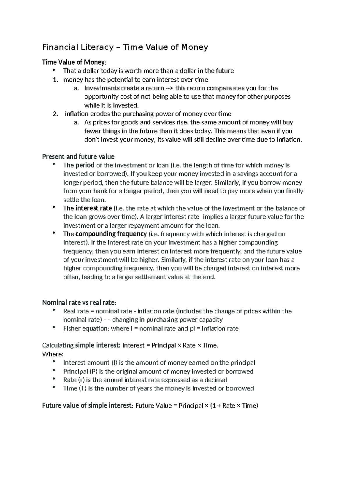Financial Literacy: Time Value of Money Concepts and Calculations - Studocu