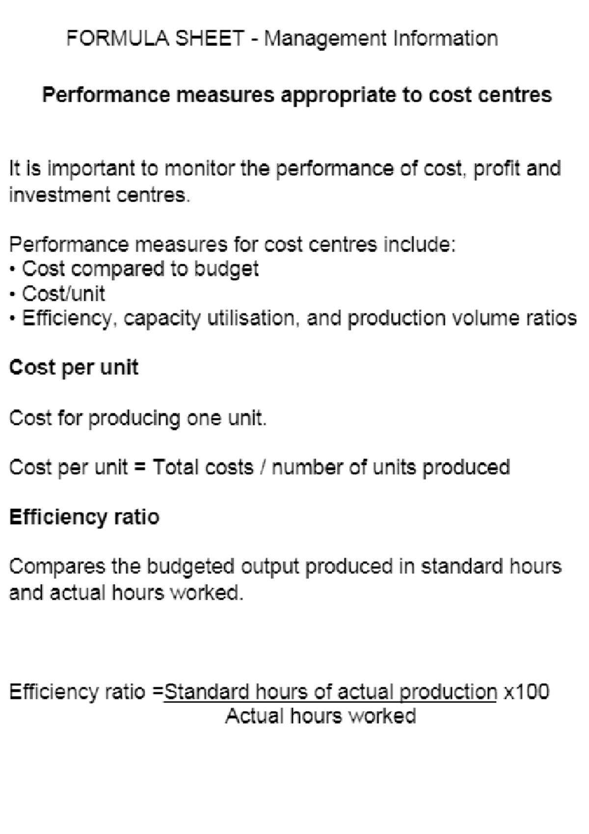 ACCA MA1 Formula Sheet: Key Performance Measures and Calculations - Studocu