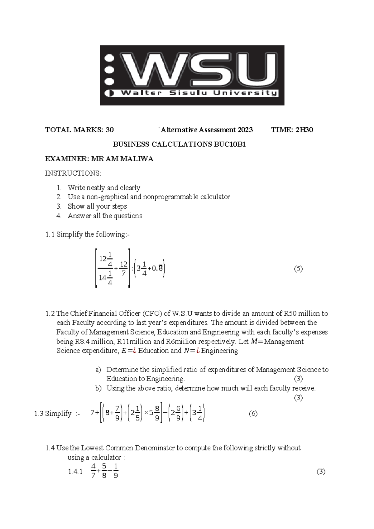 Business Calculations BUC10B1: Alternative Assessment 2023 - Studocu