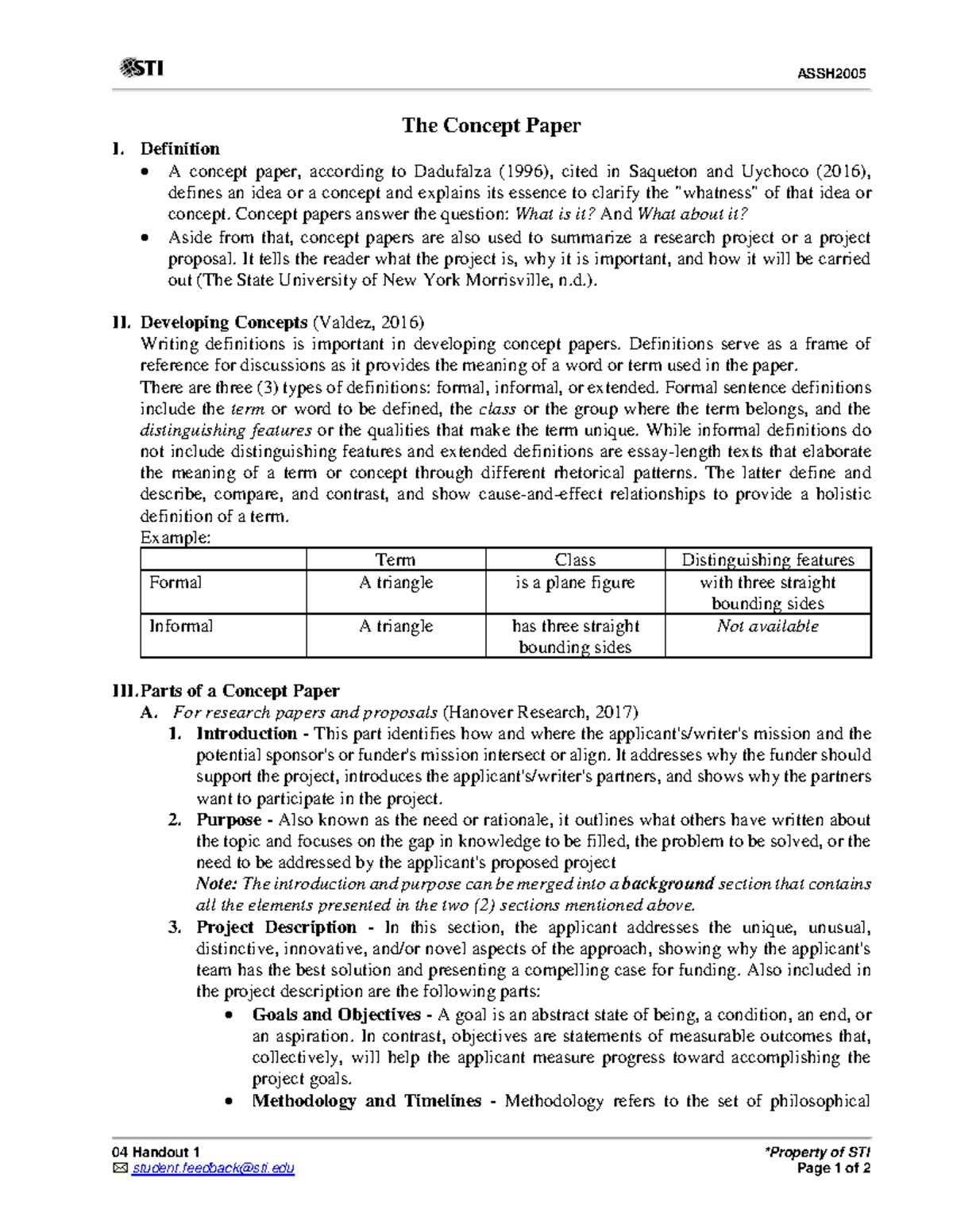 04 Handout 120-Concept-paper - ASSH 04 Handout 1 *Property of STI ...