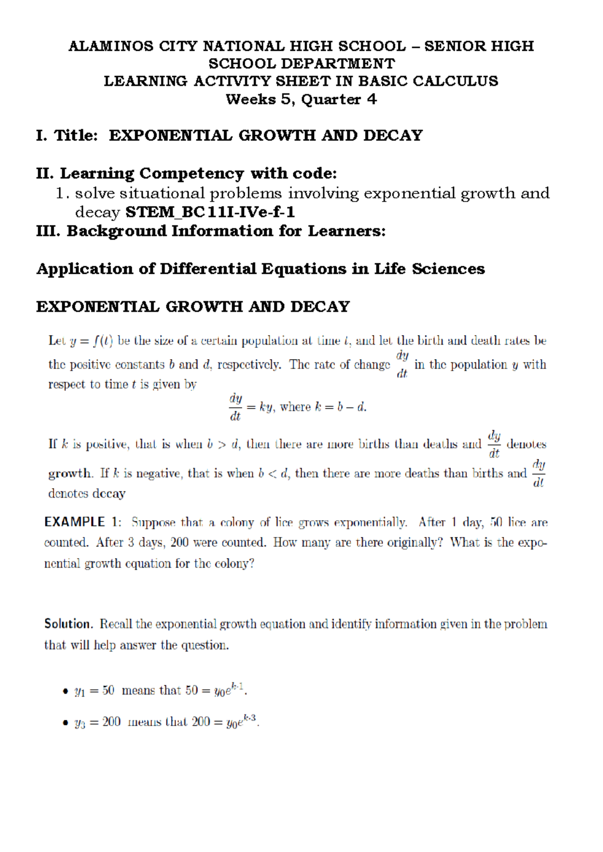 Lesson 2: Exponential Growth and Decay in Basic Calculus (STEM_BC11I ...