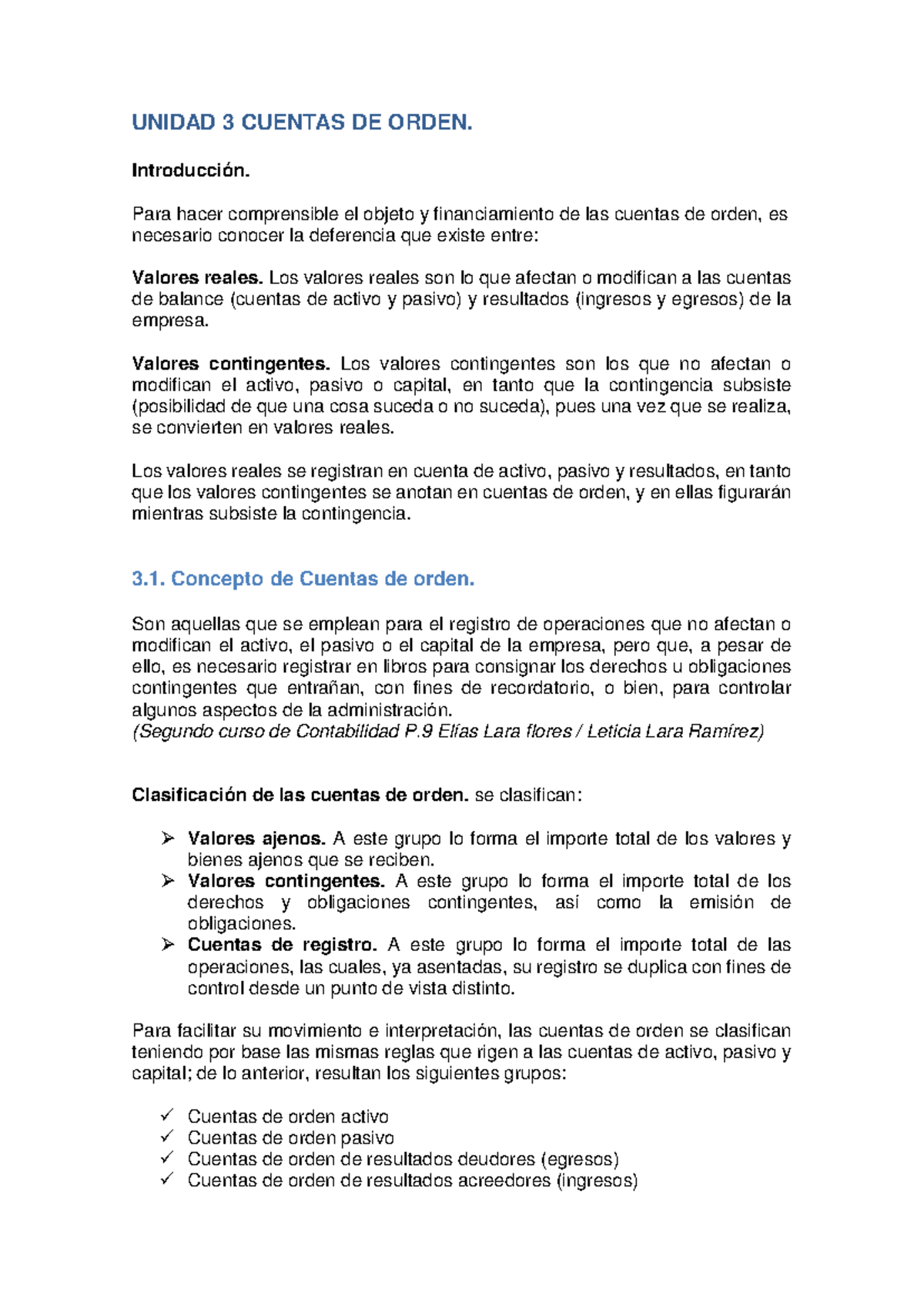 Unidad 3: Conceptos Clave sobre Cuentas de Orden en Contabilidad - Studocu