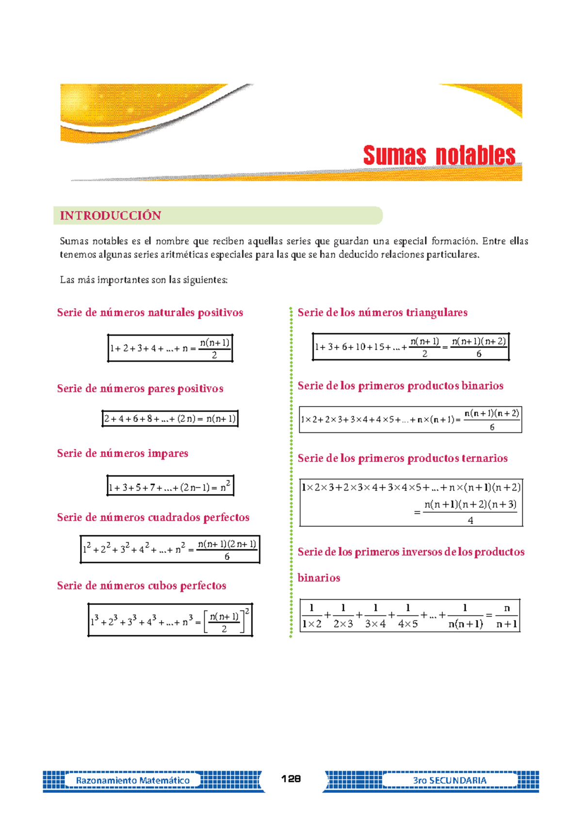 Sumas Notables y Series Aritméticas - 3ro SECUNDARIA - Studocu