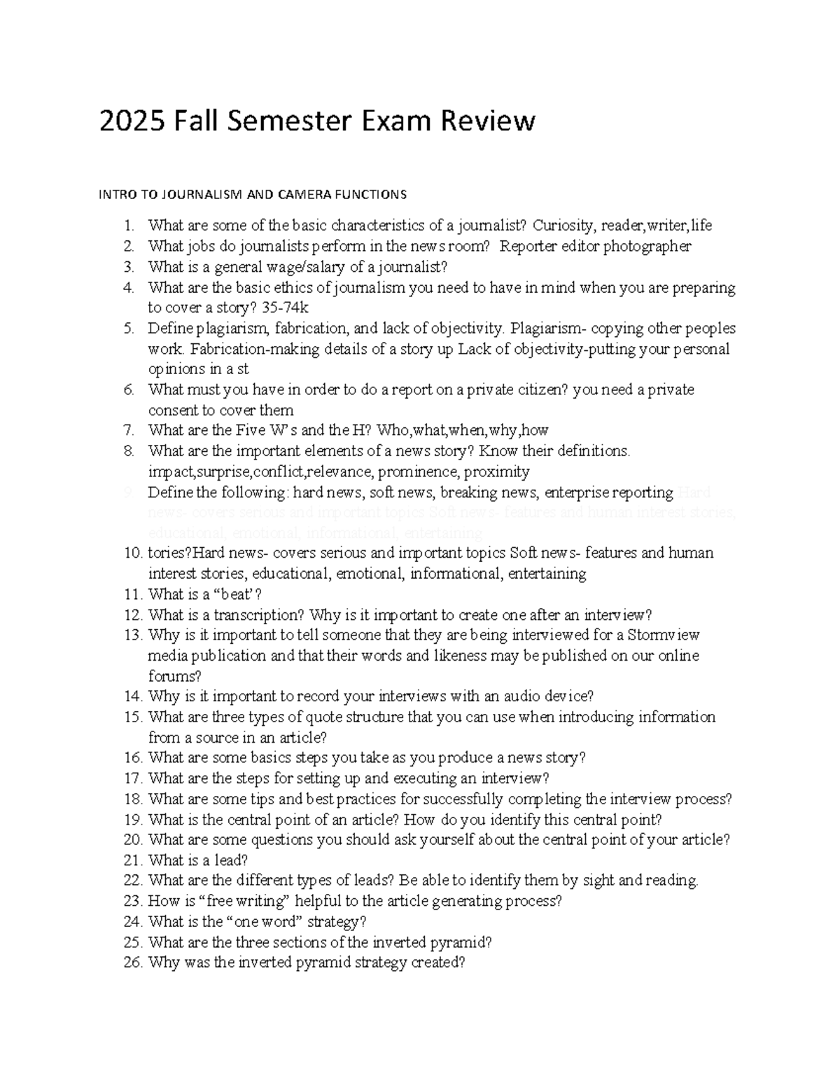 2025 Fall Semester Exam Review: Intro to Journalism & Camera Functions ...