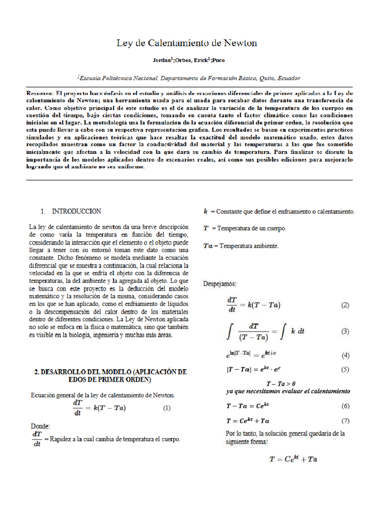 Proyecto sobre la Ley de Calentamiento de Newton - EDO ¹ - Studocu