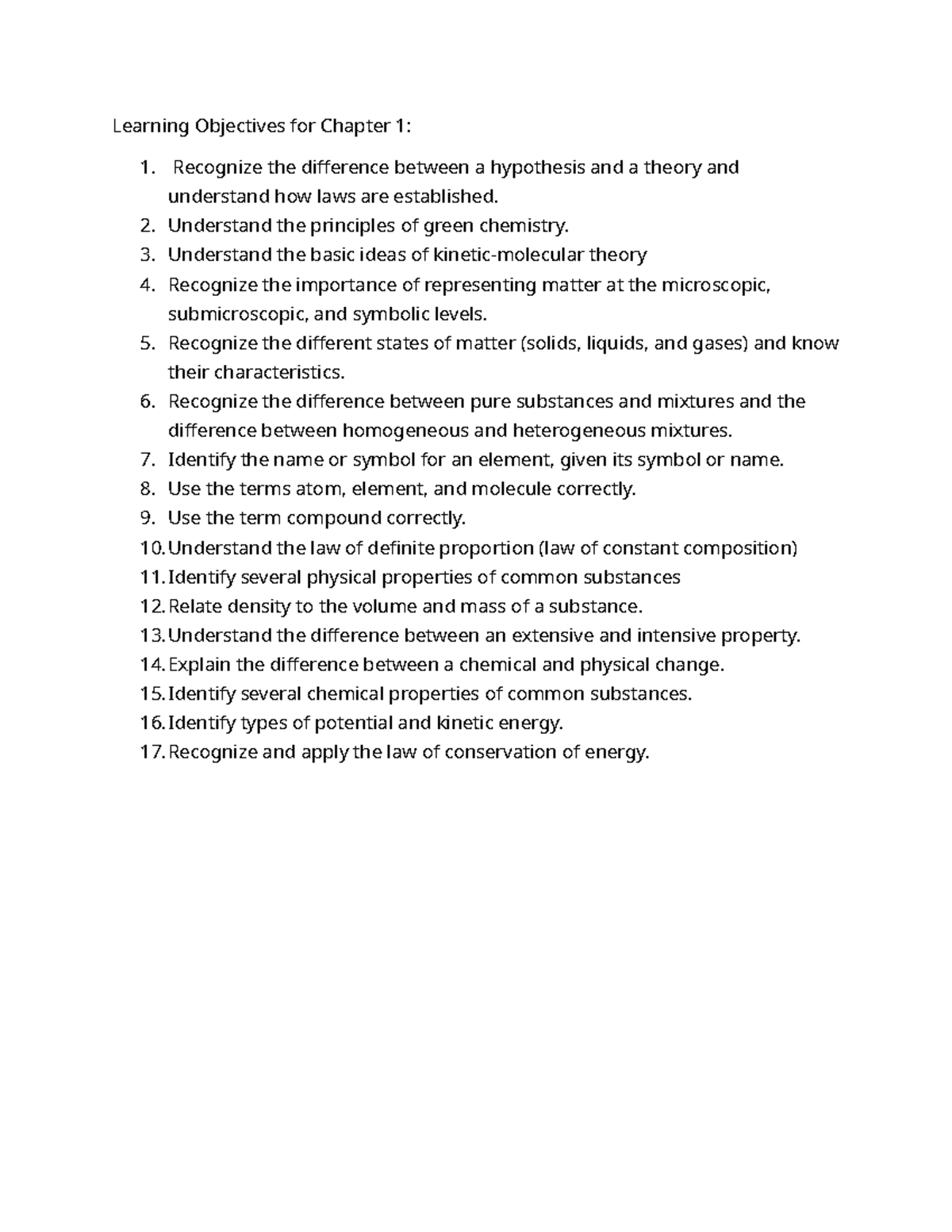 Learning Objectives for Chapter 1 - Kotz (Chemistry) - Studocu