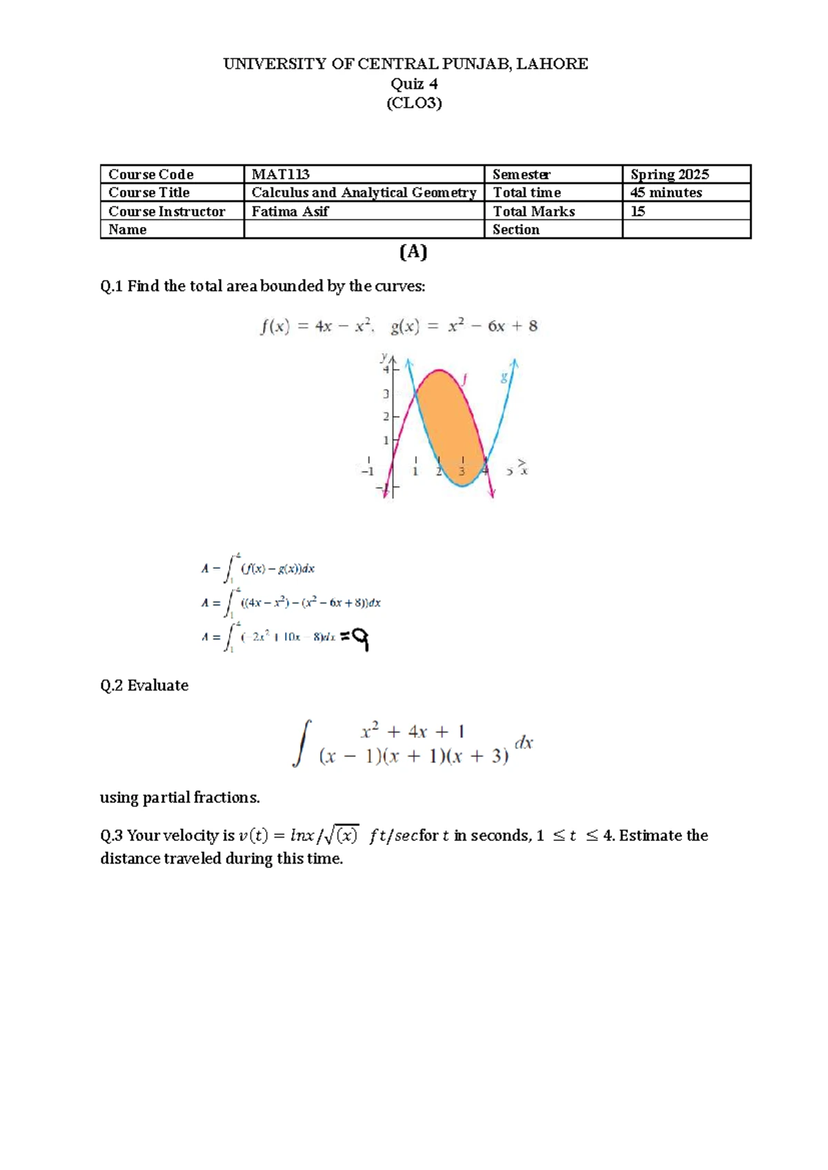 Solution Sample Quiz 2 - Calculus Concepts and Tangents - Studocu