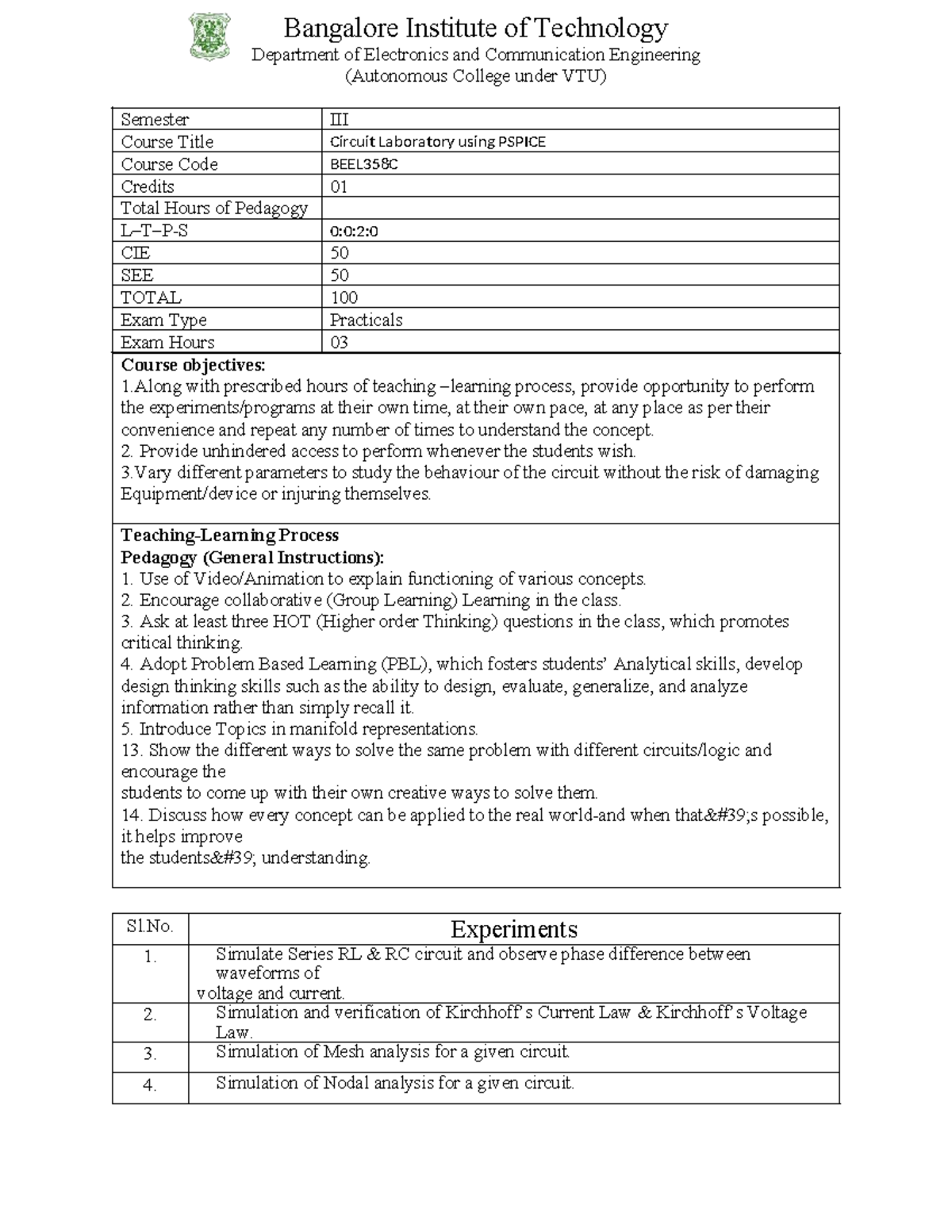 BEEL358C 3rd Sem Circuit Lab Practical Guide using PSPICE - Studocu