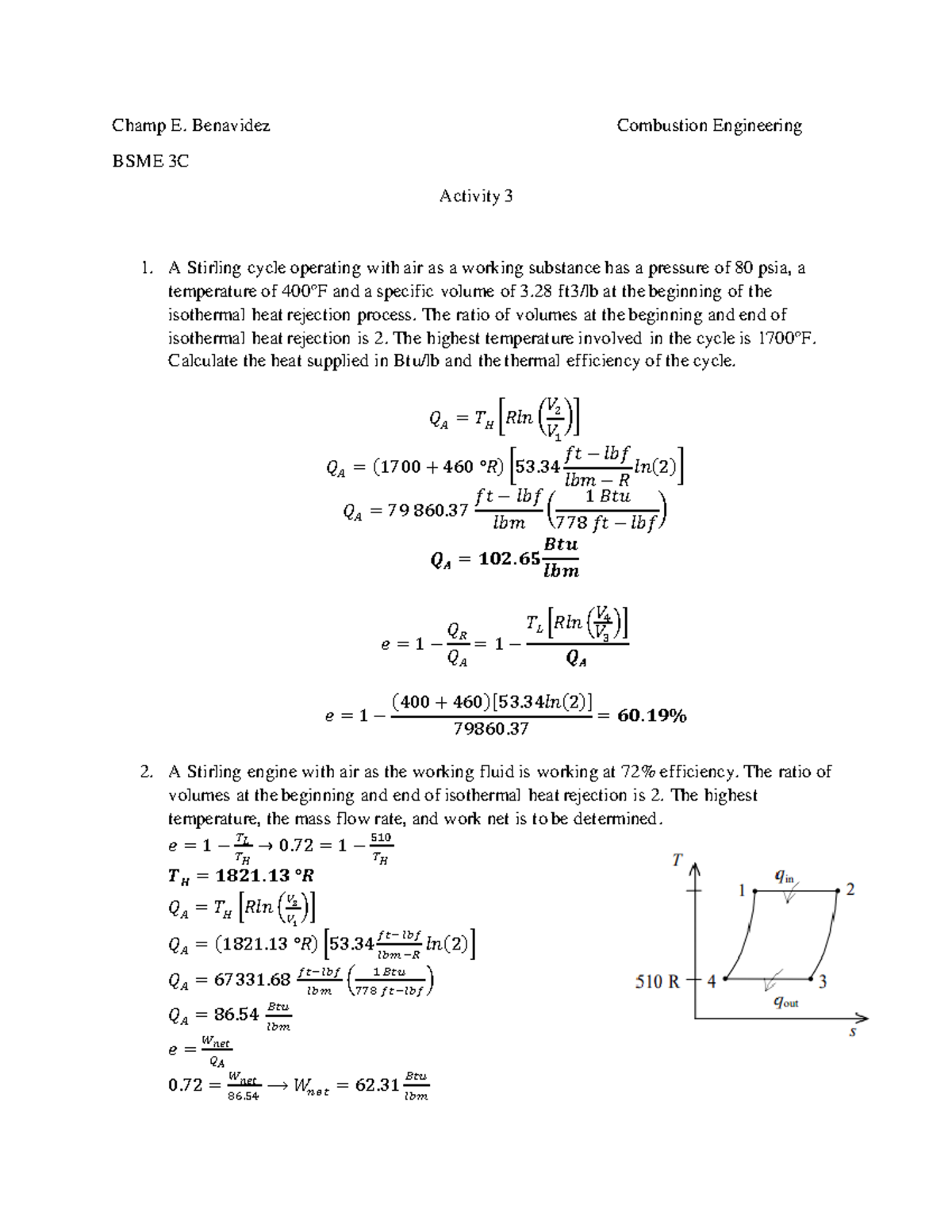 Activity 3 - combustion engineering problem set - Champ E. Benavidez Combustion Engineering BSME ...
