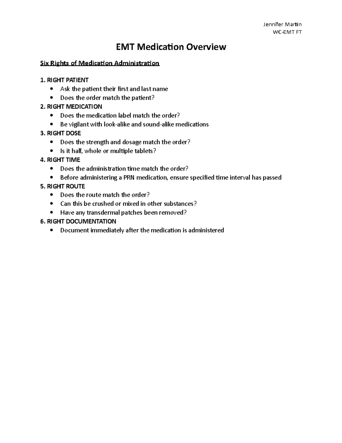 Signs & Symptoms Notebook - WC-EMT FT EMT Medication Overview Six ...